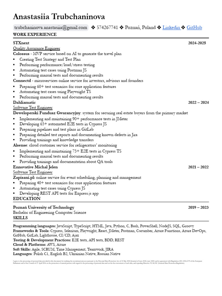 Anastasiia TrubchaninovaQA CV | PDF | Systems Architecture | Computer Programming