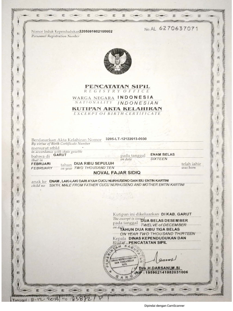 Akta Kelahiran - Noval Fajar Sidiq | PDF
