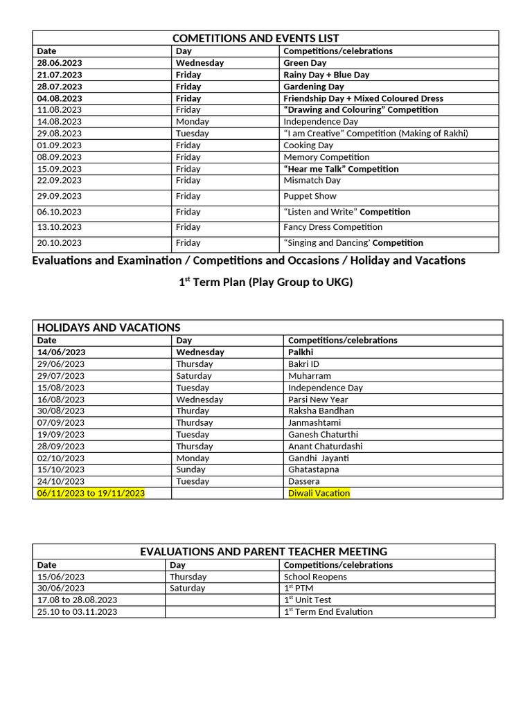 Cometitions and Events List Final PG To Ukg | PDF | Religious Festivals ...