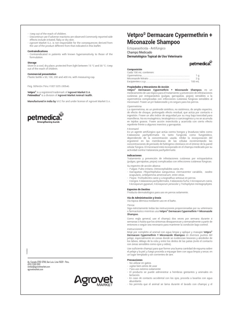 Vetpro Dermacare Cypermethrin Miconazole Shampoo Inserto | PDF