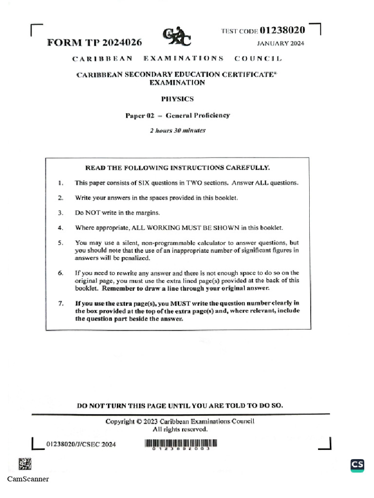 Physics 2024 Jan Csec | PDF