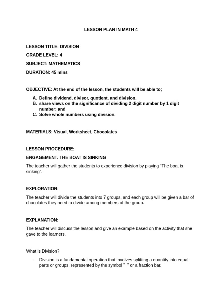 Division Lesson Plan for 4th Grade | PDF