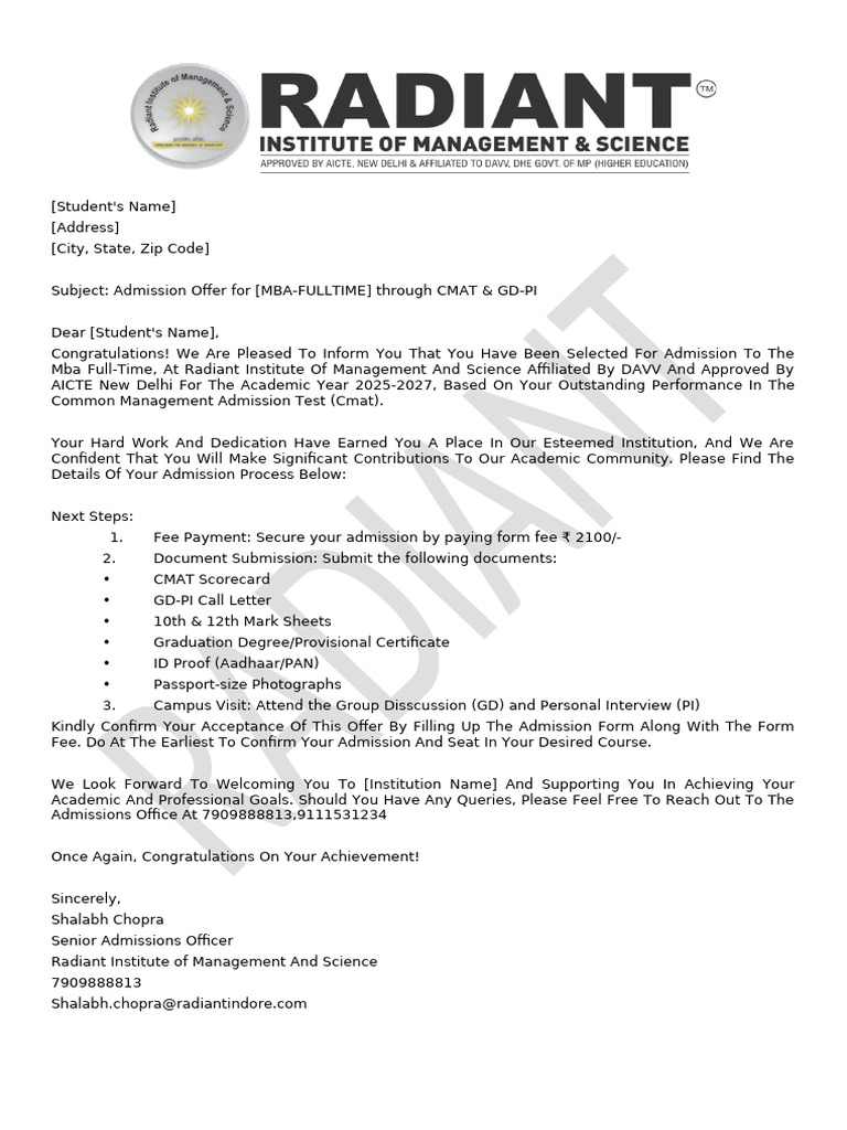 Selection Letter Cmat FINAL | PDF