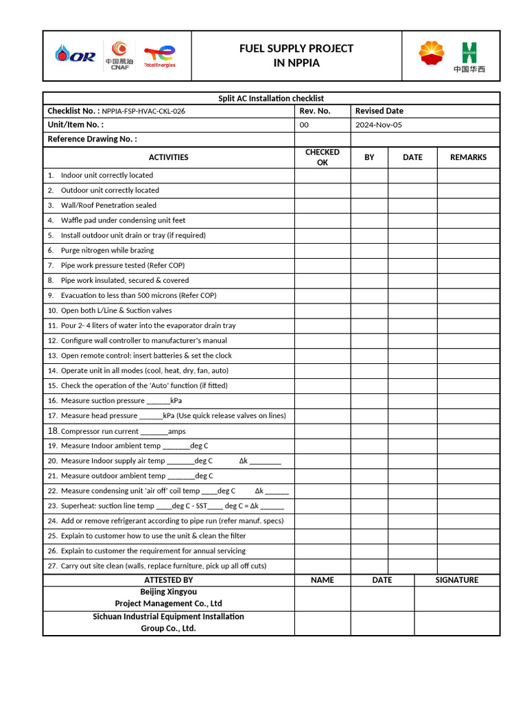 Split AC Installation Checklist-2024.Nov.05-Rev.00 | PDF | Manufactured Goods | Home Appliance