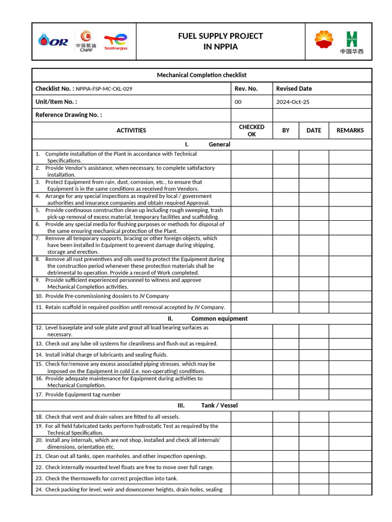 Mechanical Completion Checklist (Contract Annex H) - 2024.Oct.25-Rev.00 ...