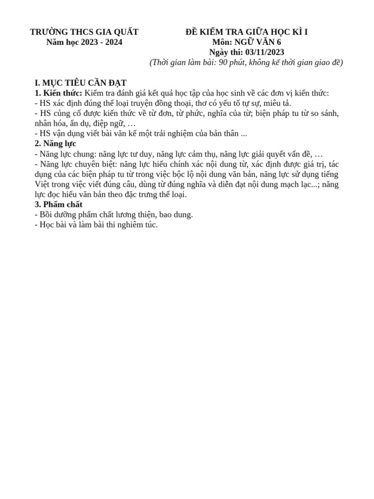 23-24. Đề KT Gki. Văn 6 | PDF