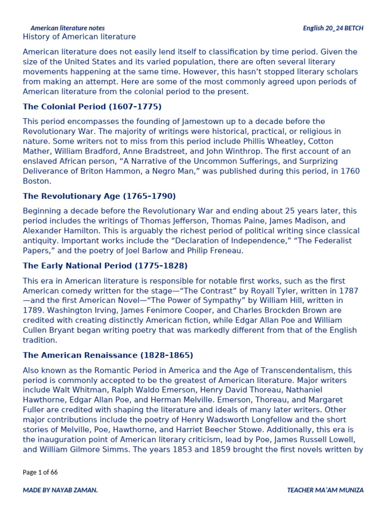 American Literature Notes | PDF | Poetry | Leaves Of Grass