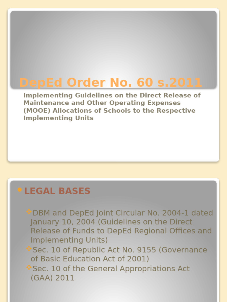 DepEd Order No 60 (Direct Release of MOOE) | PDF