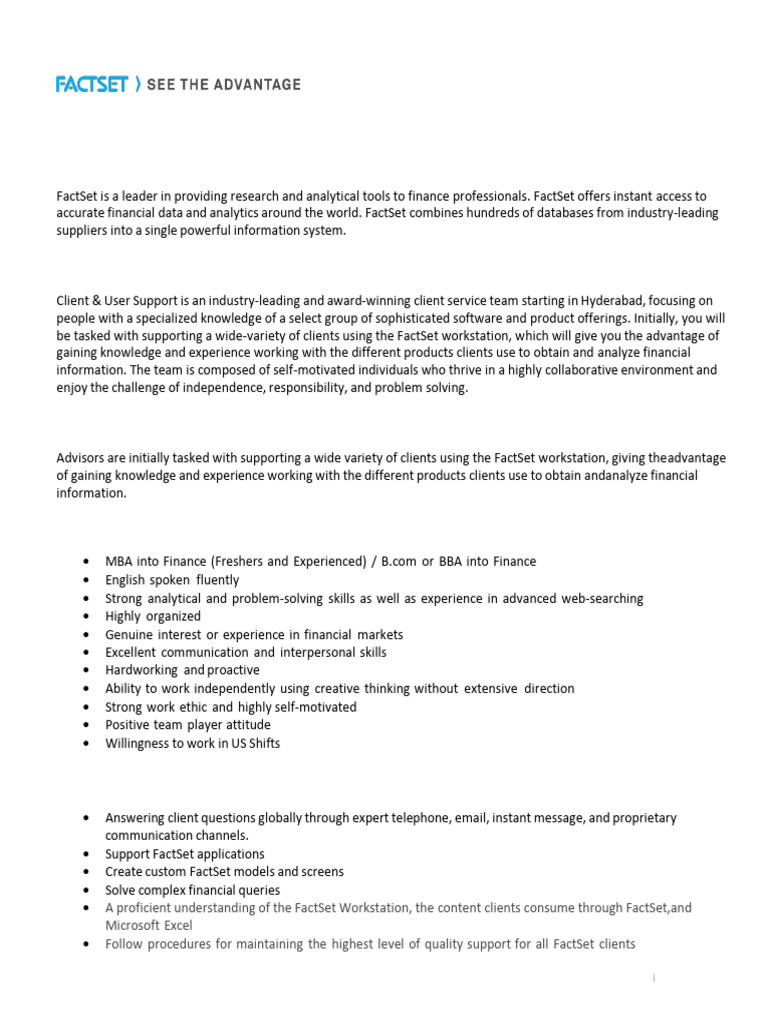 Advisor, Client Solutions - Job Description | PDF | Fact Set | Recruitment