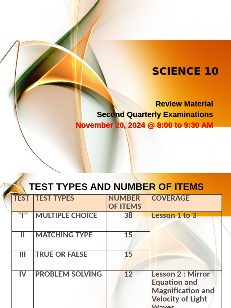Science 10 Quarterly Exam Review Guide | PDF | Optics | Electromagnetic ...