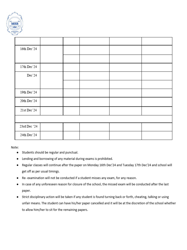 Midterm Time Table 2024-25 MSB Institute | PDF