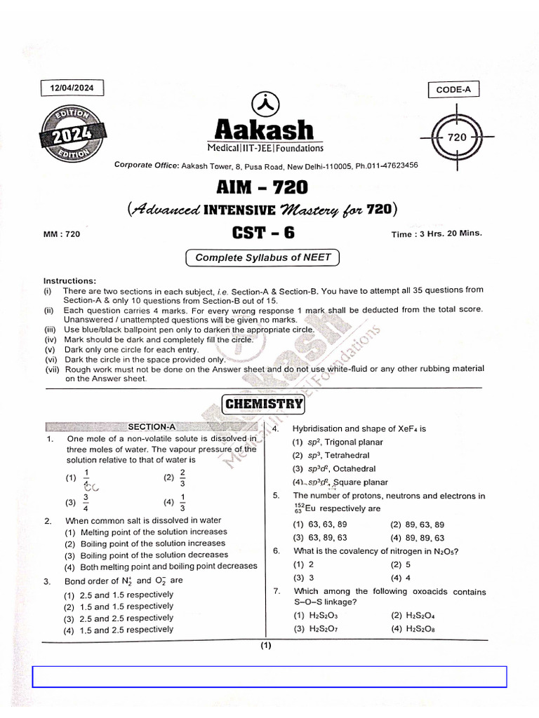 CST 6 Code A Viju Que Intensive @cet - Jee - Neet | PDF