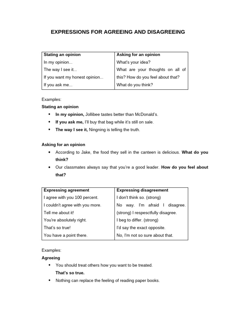 Agreeing and Disagreeing Expressions | PDF