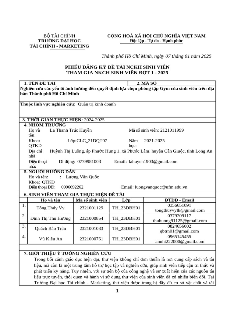Mau-Phieu Dang Ky NCKH SV | PDF