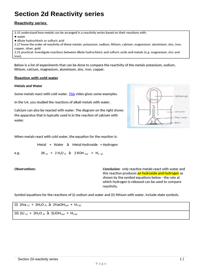 Section 2d Reactivity Series - Metals With Water and Acid | PDF ...