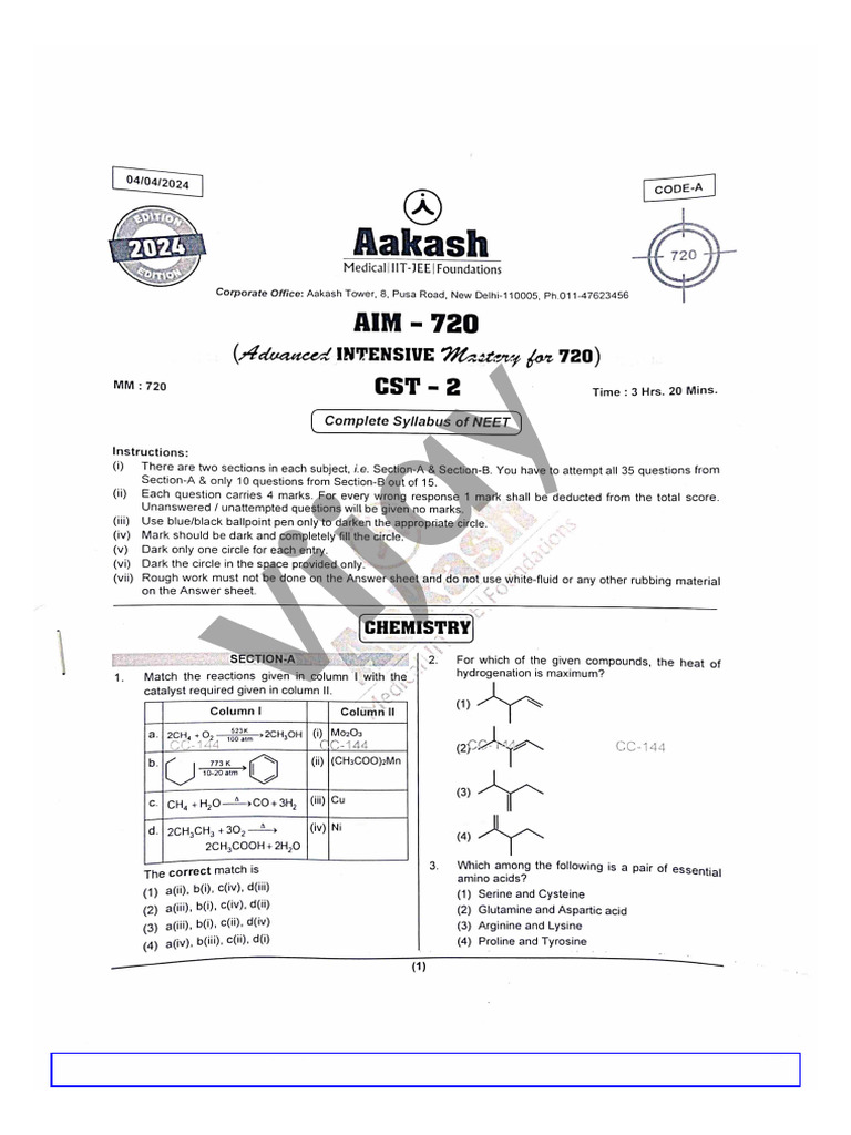 CST 2 CODE A Viju QUE Intensive @CET - JEE - NEET | PDF