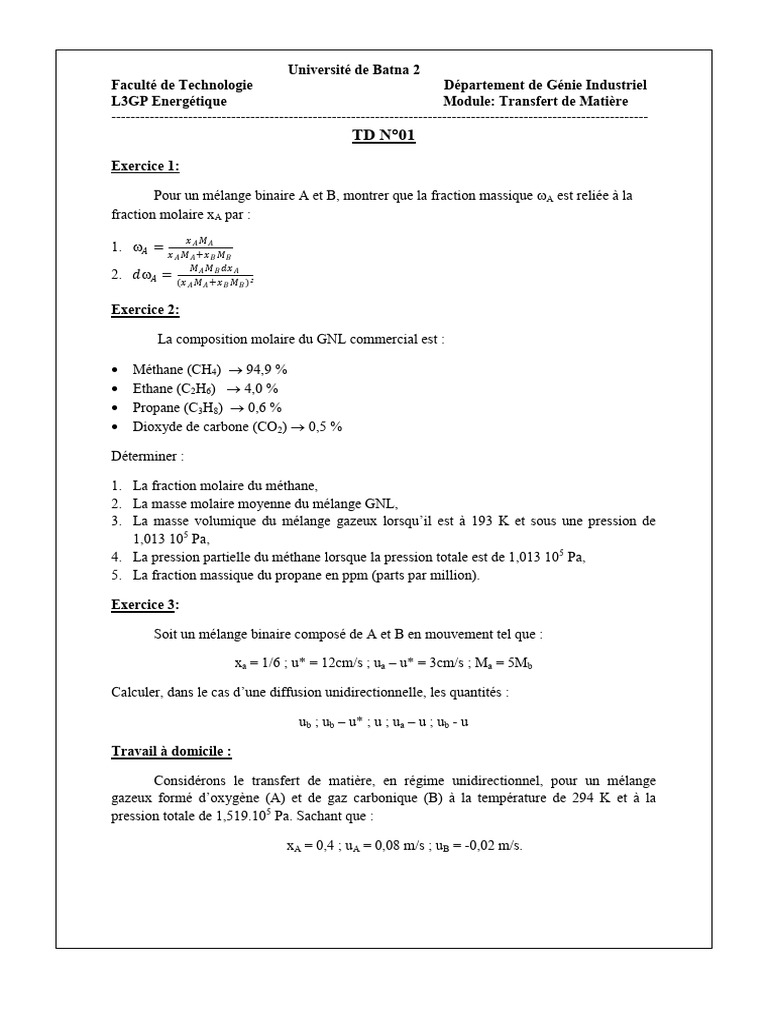 Transfert de Matière : Exercices et Calculs | PDF | Méthane | Génie des ...