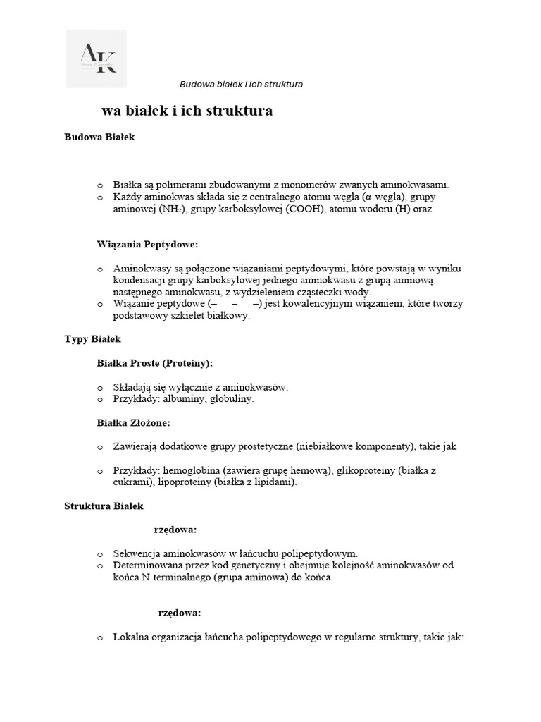 Budowa Bialek I Ich Struktura | PDF