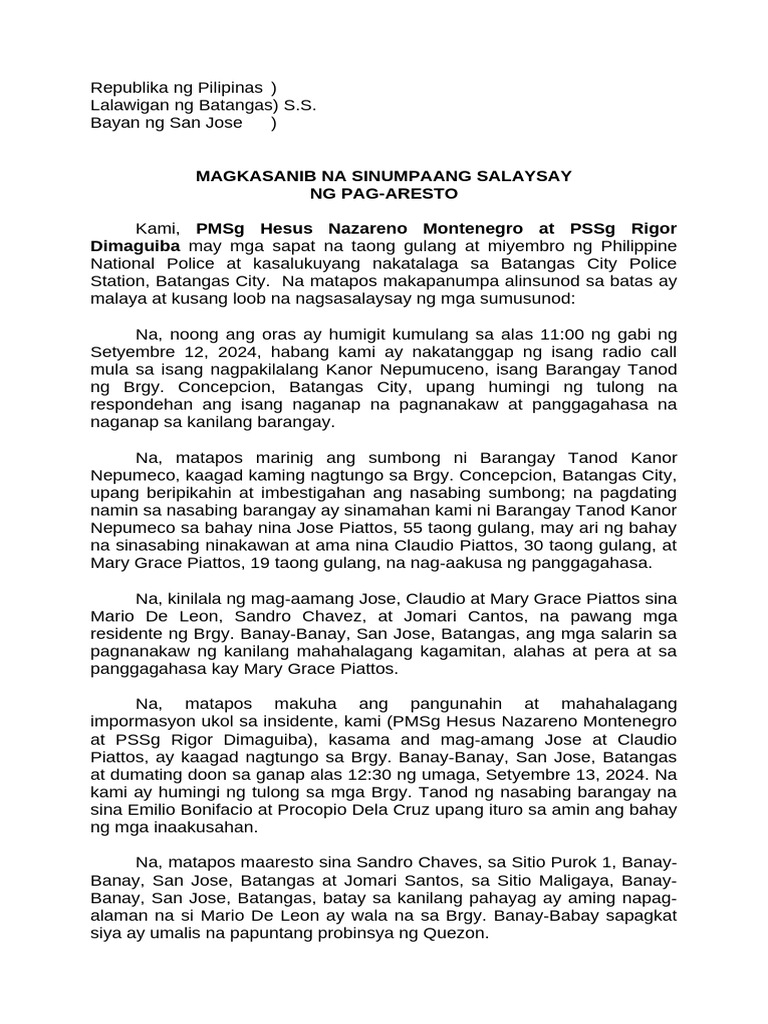 Salaysay NG Police Officers - Robbery With Rape | PDF