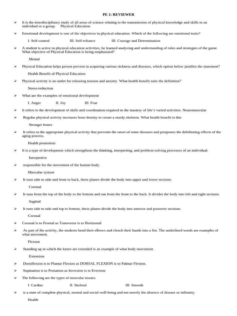 Pe 1 Reviewer | PDF | Anatomical Terms Of Motion | Physical Fitness