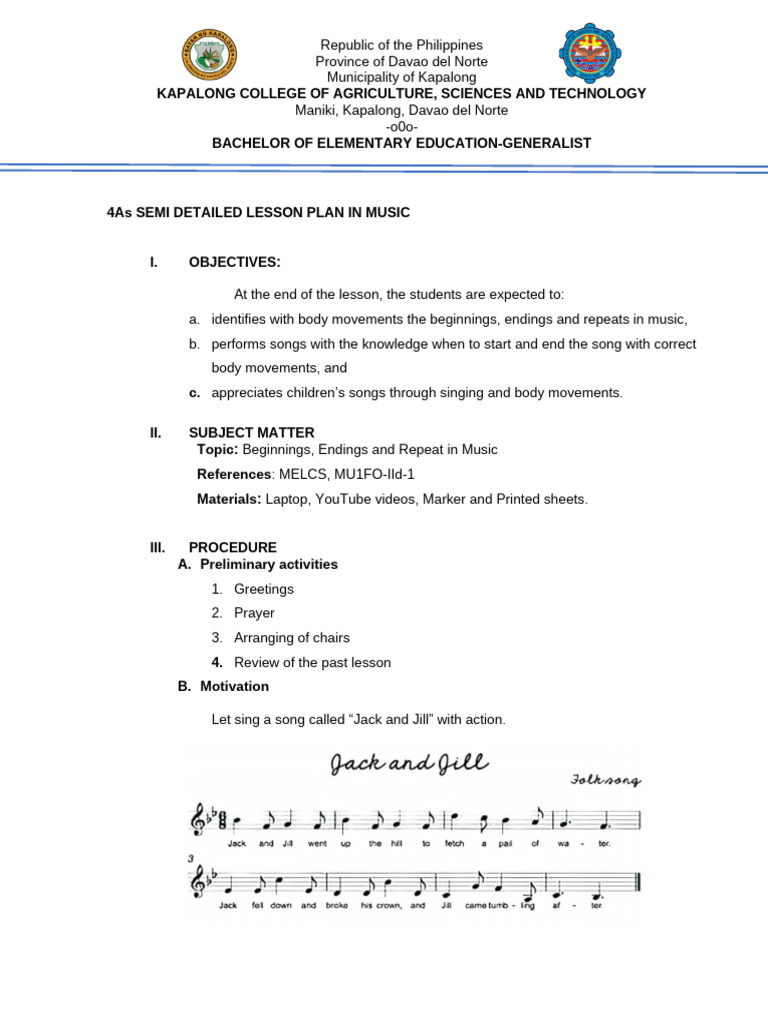 LESSON PLAN IN MUSIC GRADE 1 Final - 1 | PDF