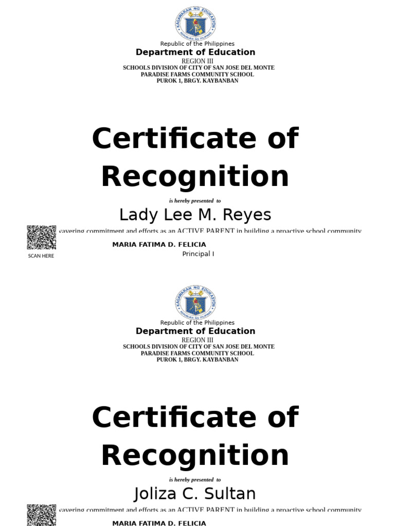 Active Parent Recognition Certificates | PDF | Philippines