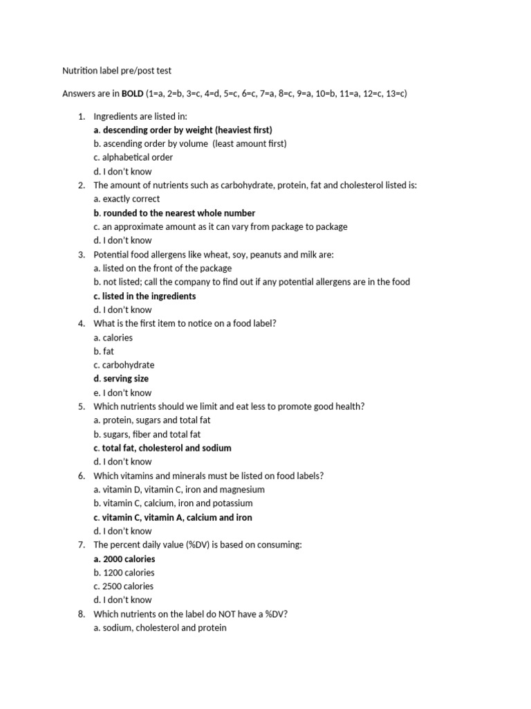 Nutrition Label Quiz and Answers | PDF | Fat | Nutrition Facts Label