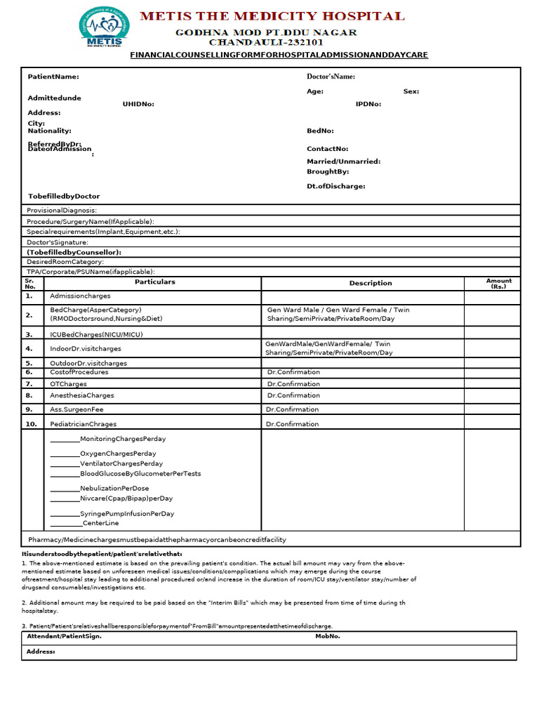 Financial Counselling Form for Hospital Admission | PDF | Intensive ...