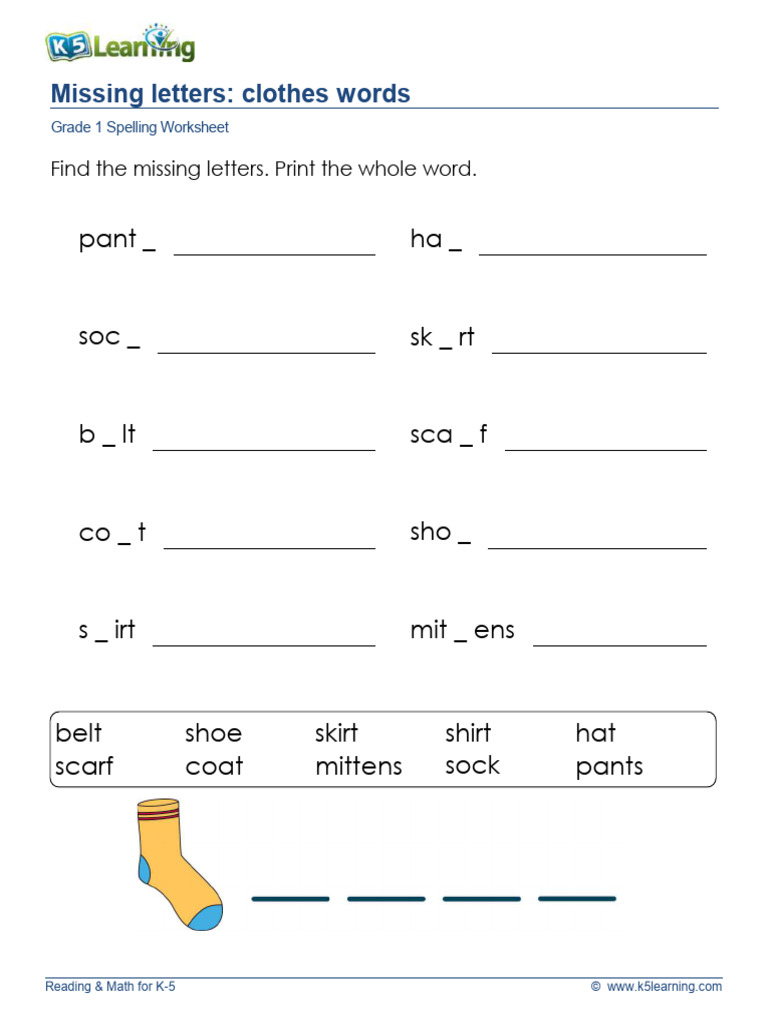 Grade 1 Spelling: Missing Letters Worksheet | PDF