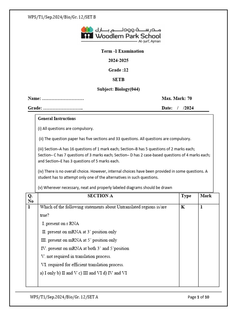 Gr.12 Bio Sample Paper T1 | PDF | Molecular Biology | Biochemistry