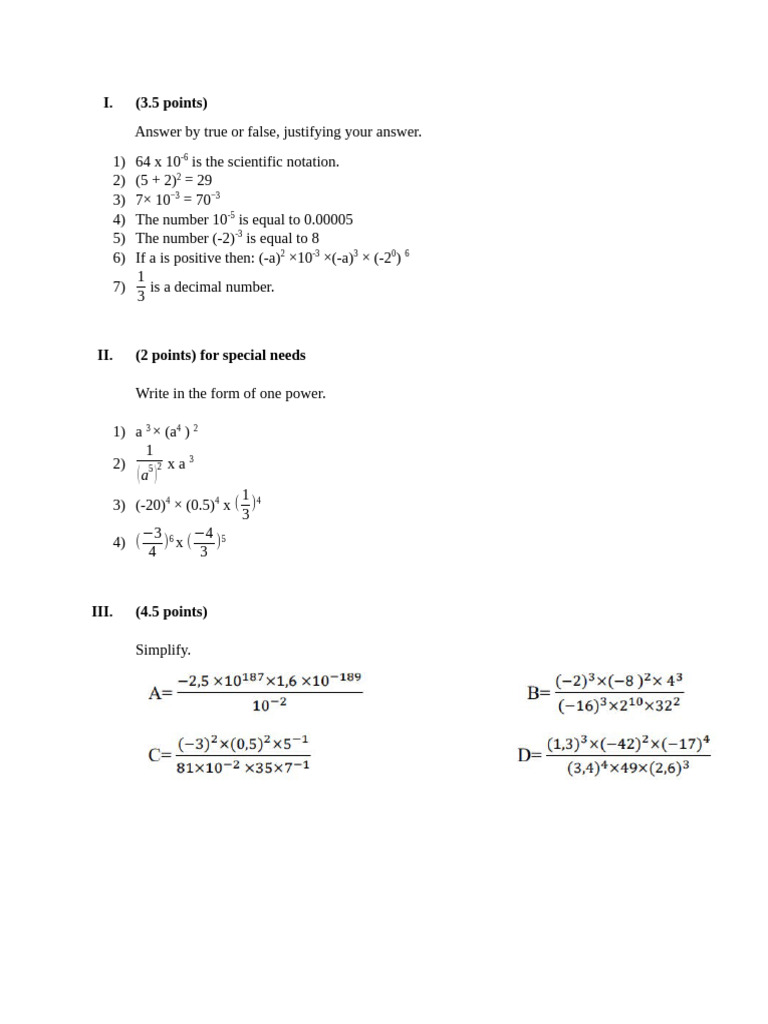 Exercises Powers Grade 8 | PDF