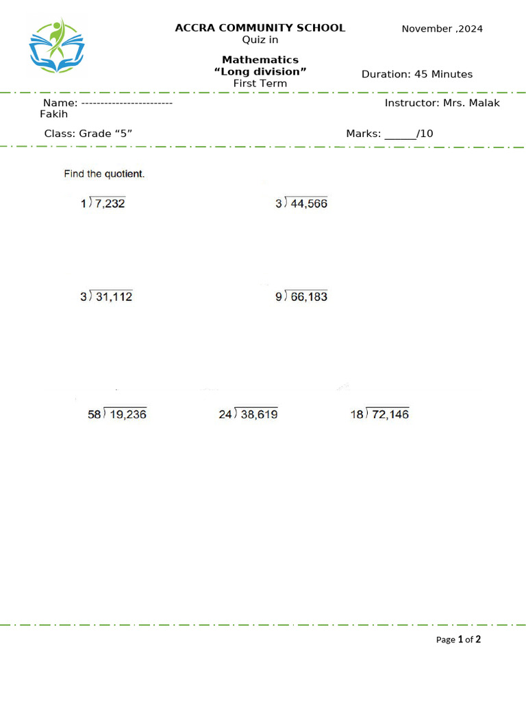 Grade 5 Long Division Quiz 2024 | PDF