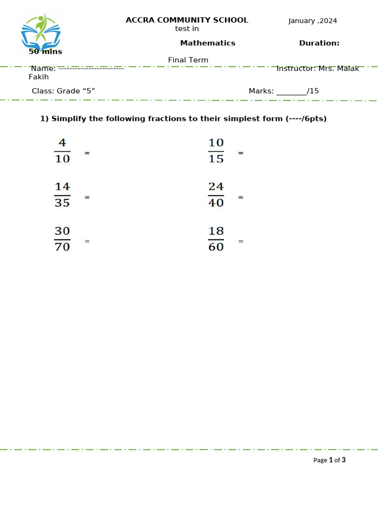 Grade 5 - Fractions Test | PDF