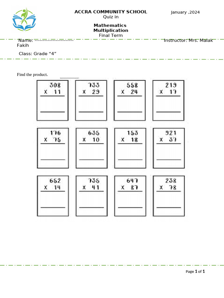 Grade 4 - Multiplication-Quiz | PDF