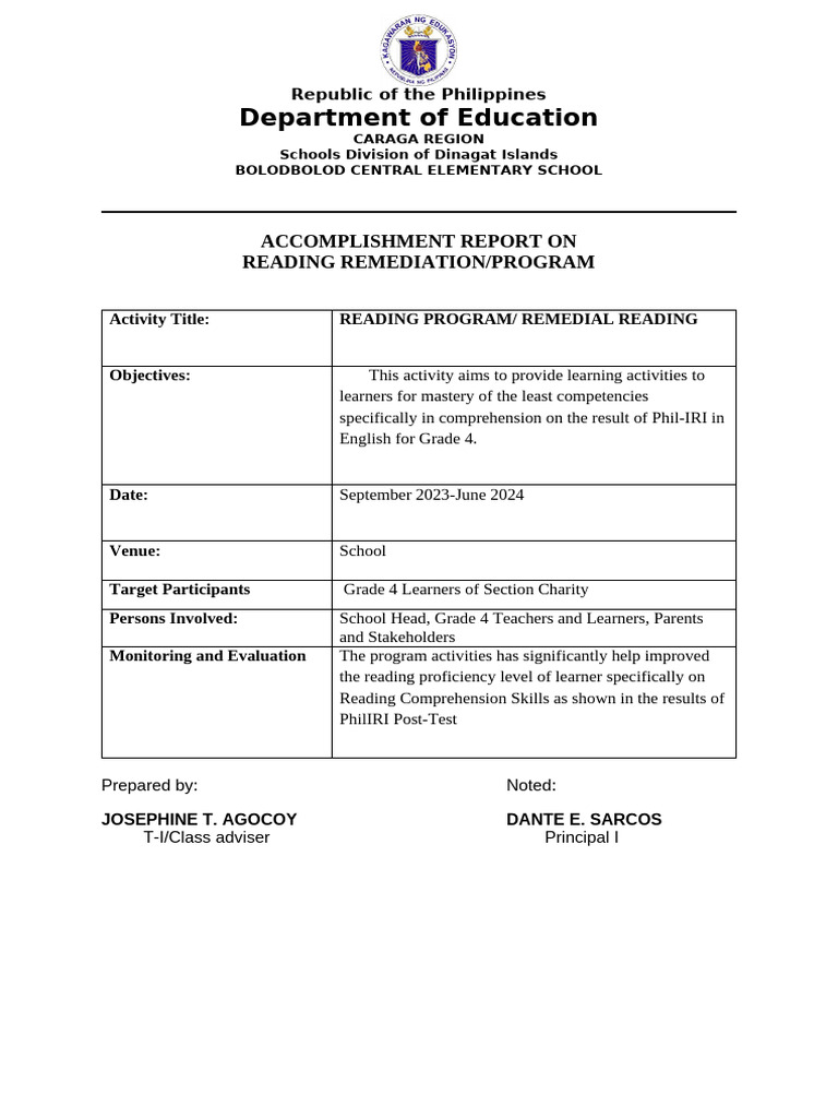 Reading Remediation Program Report | PDF | Reading Comprehension | Learning