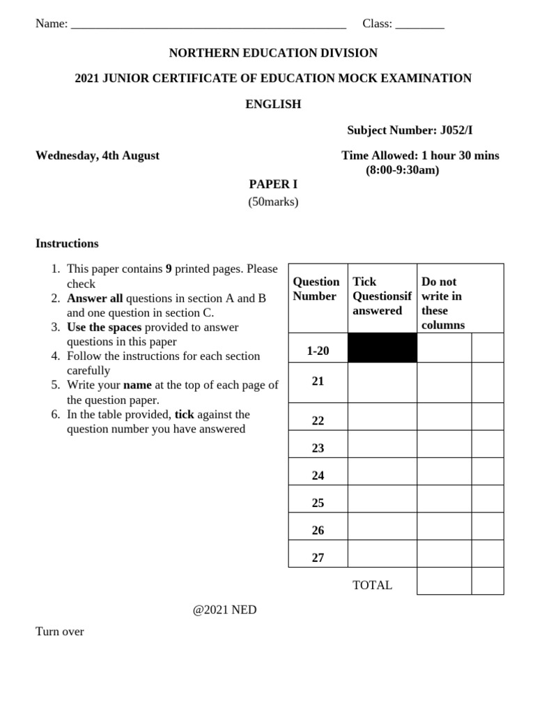 NEeD English Paper I JCE Questions | PDF | Adverb | Language Mechanics