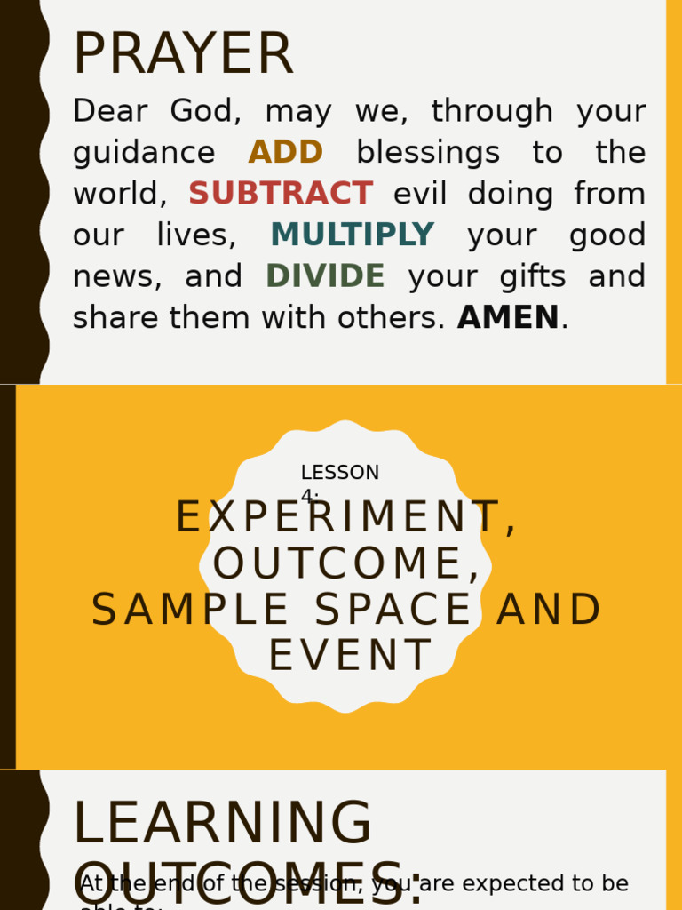 Lesson 4 - Experiment, Outcome, Sample Space, and Event | PDF ...