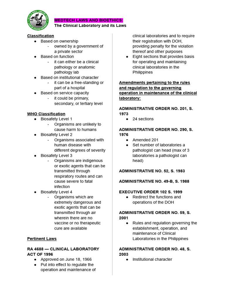 MTLE_The Clinical Laboratory and Its Laws | PDF | Pathology | Medical Laboratory