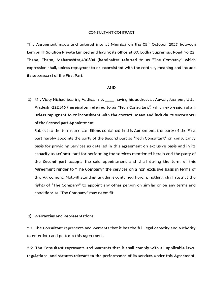 Consultant Agreement with Lemion IT | PDF | Indemnity | Breach Of Contract