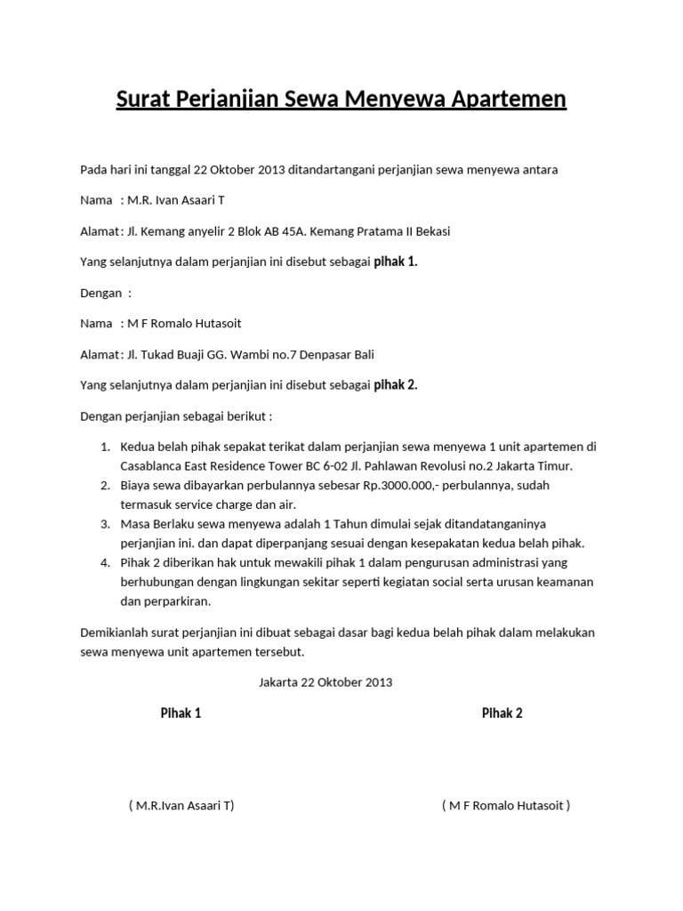 Surat Perjanjian Sewa Menyewa Apartemen Pdf