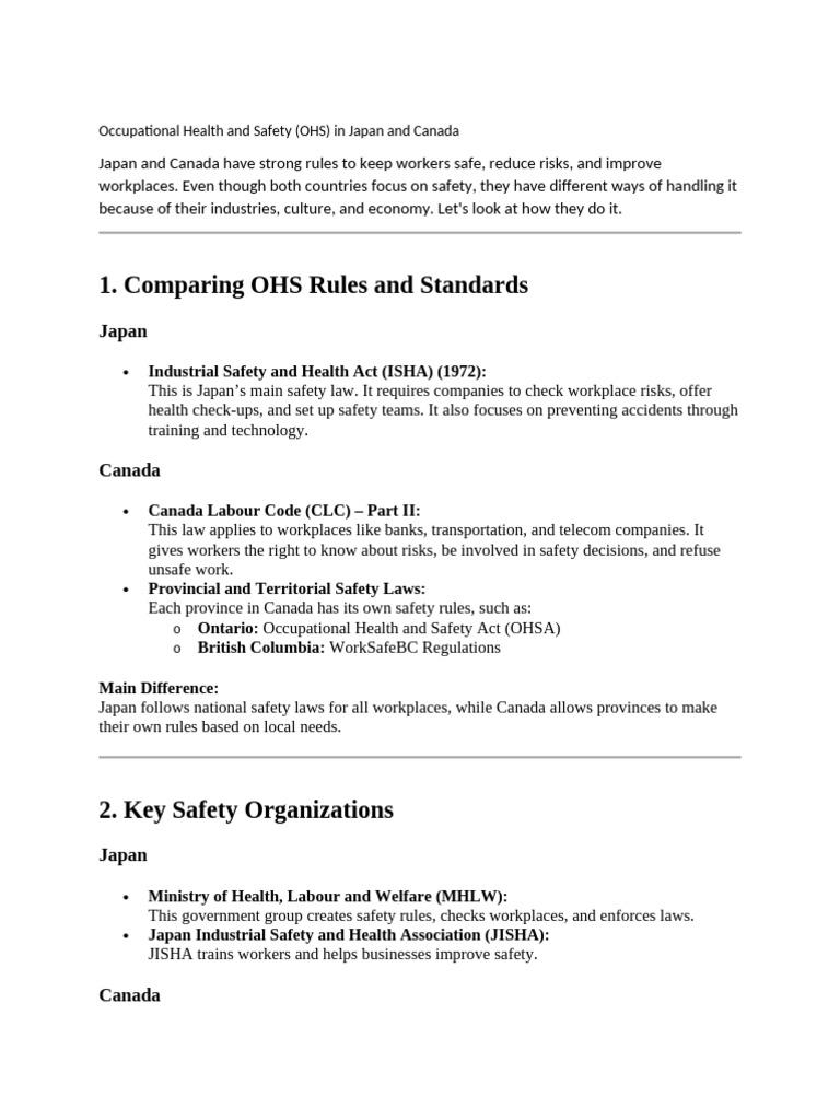 OHS Comparison: Japan vs. Canada | PDF | Occupational Safety And Health ...