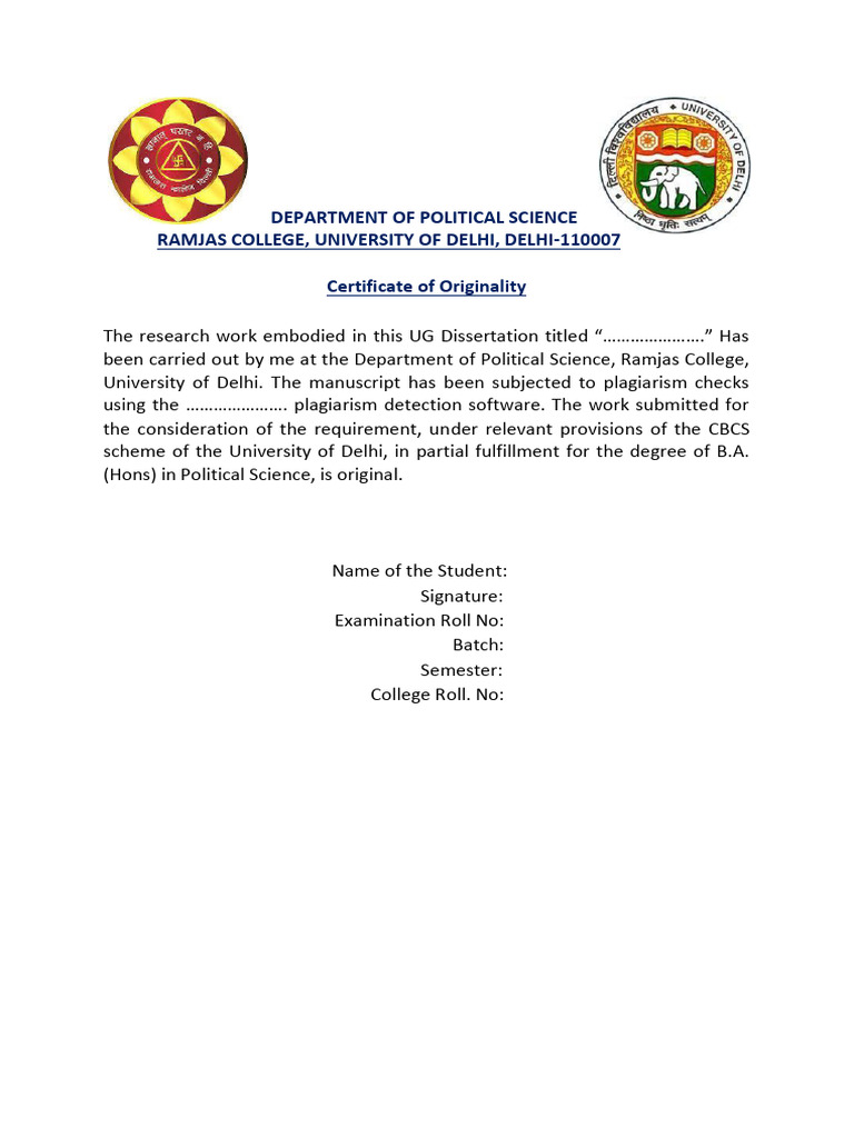 TEMPLATE-3 Certificate of Originality UG Dissertation | PDF