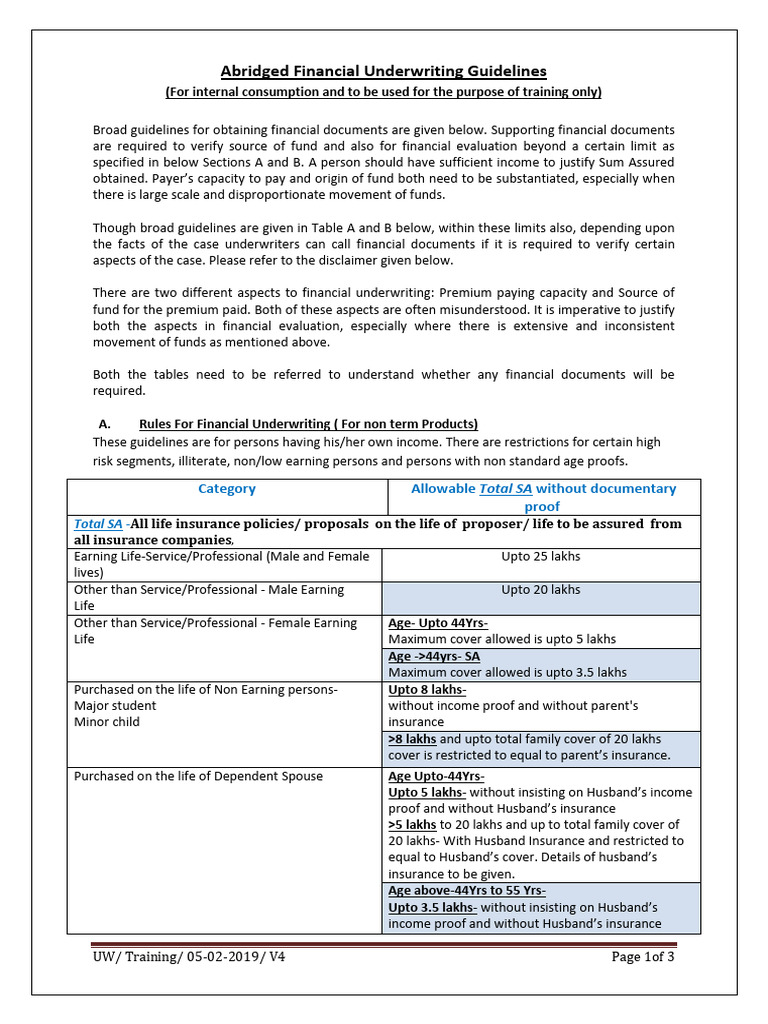 Abridged Financial UW Guidelines - Revised 05 Feb 2019 | PDF ...