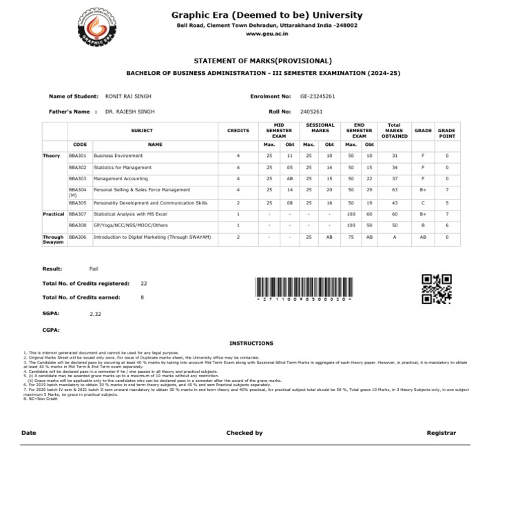Provisional Marks Statement BBA III Semester | PDF | Educational Stages