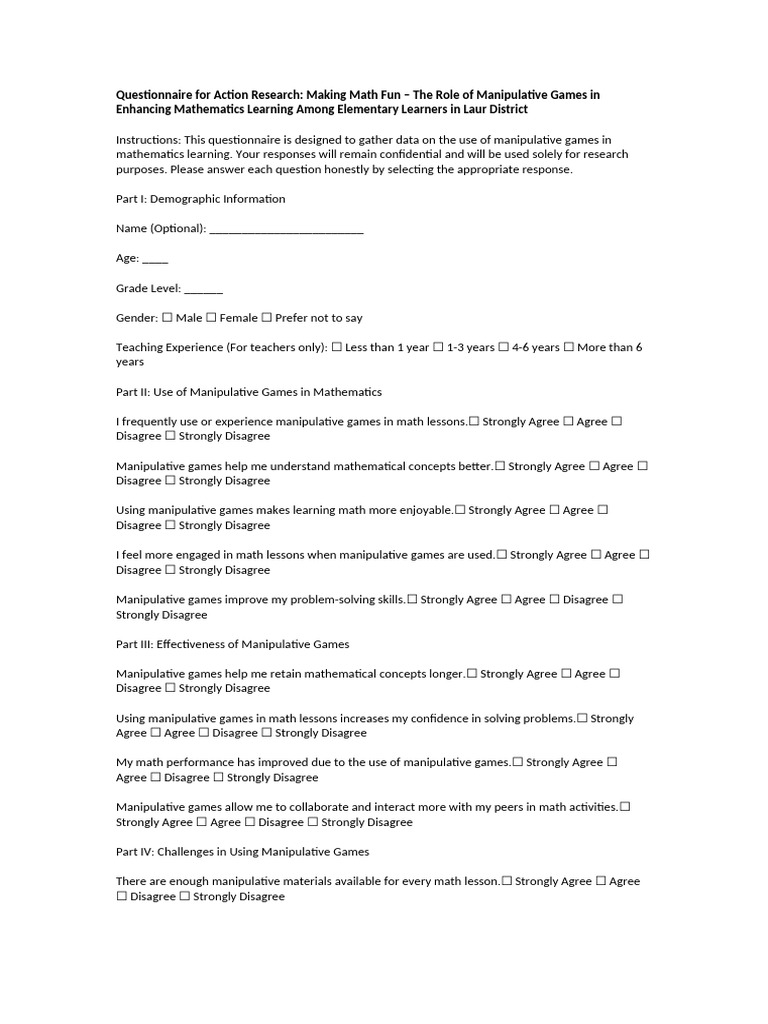 Questionnaire For Action Research | PDF | Mathematics | Learning