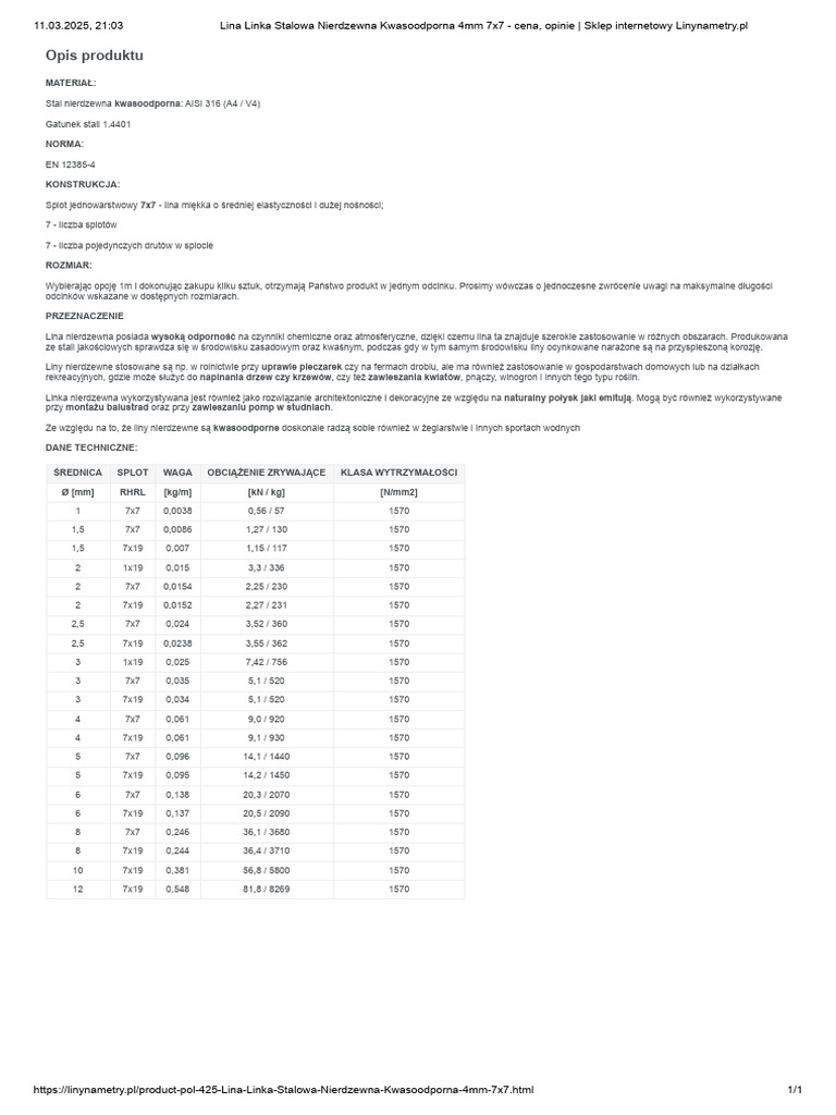 Lina Linka Stalowa Nierdzewna Kwasoodporna 7x7 (Sklep Internetowy Linynametry - PL) | PDF
