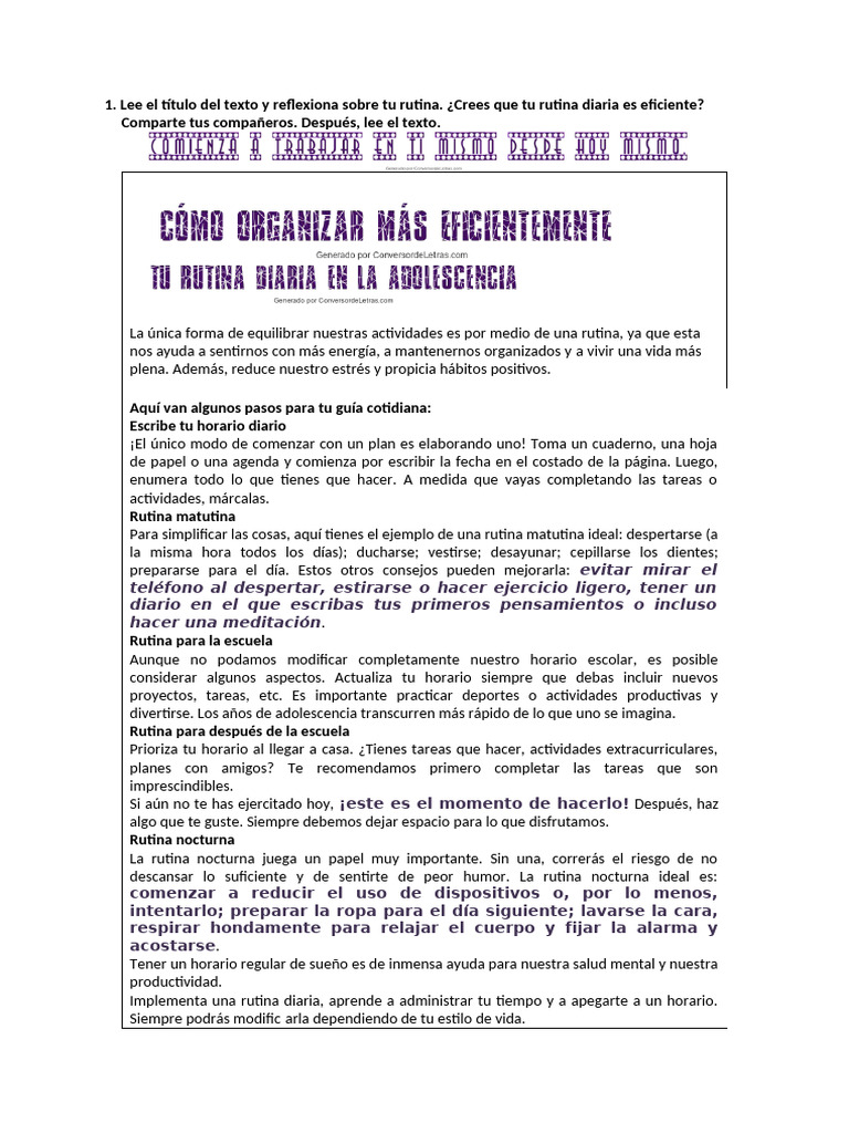 Comprensión Lectora Rutinas | PDF