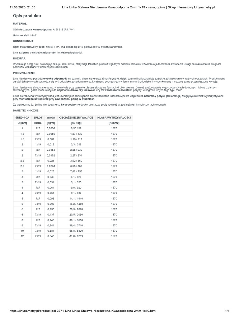 Lina Linka Stalowa Nierdzewna Kwasoodporna 1x19 (Sklep internetowy Linynametry.pl) | PDF