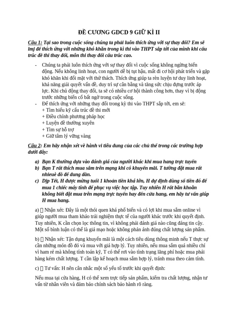 ĐỀ CƯƠNG GDCD 9 GIỮ KÌ II | PDF