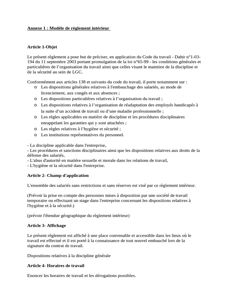Modèle de règlement intérieur entreprise | PDF